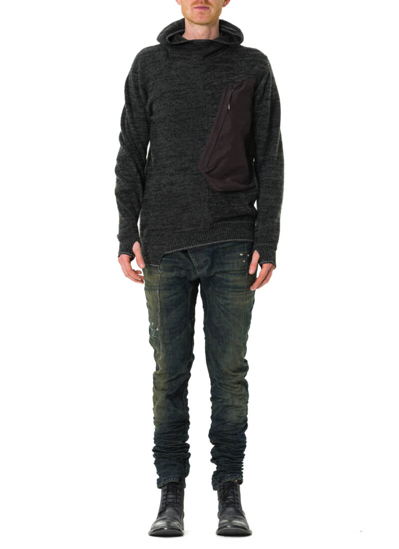 TAICHI MURAKAMI Displacement Hooded Pocket Sweater, cashmere/paper, medium grey/black